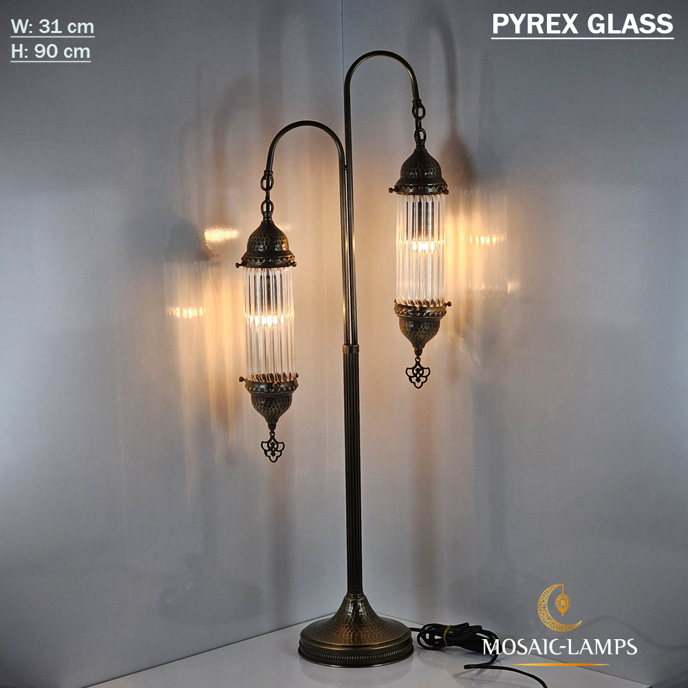 2-Set Pyrex Glass Floor Standing Corner Lamp, Hammer Forged Metal Tubu
