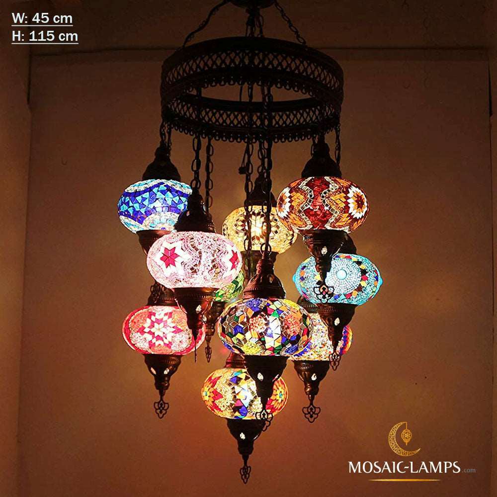 10 Globe Mixed Turkish Chandelier, Handmade Moroccan Hanging Lights, S
