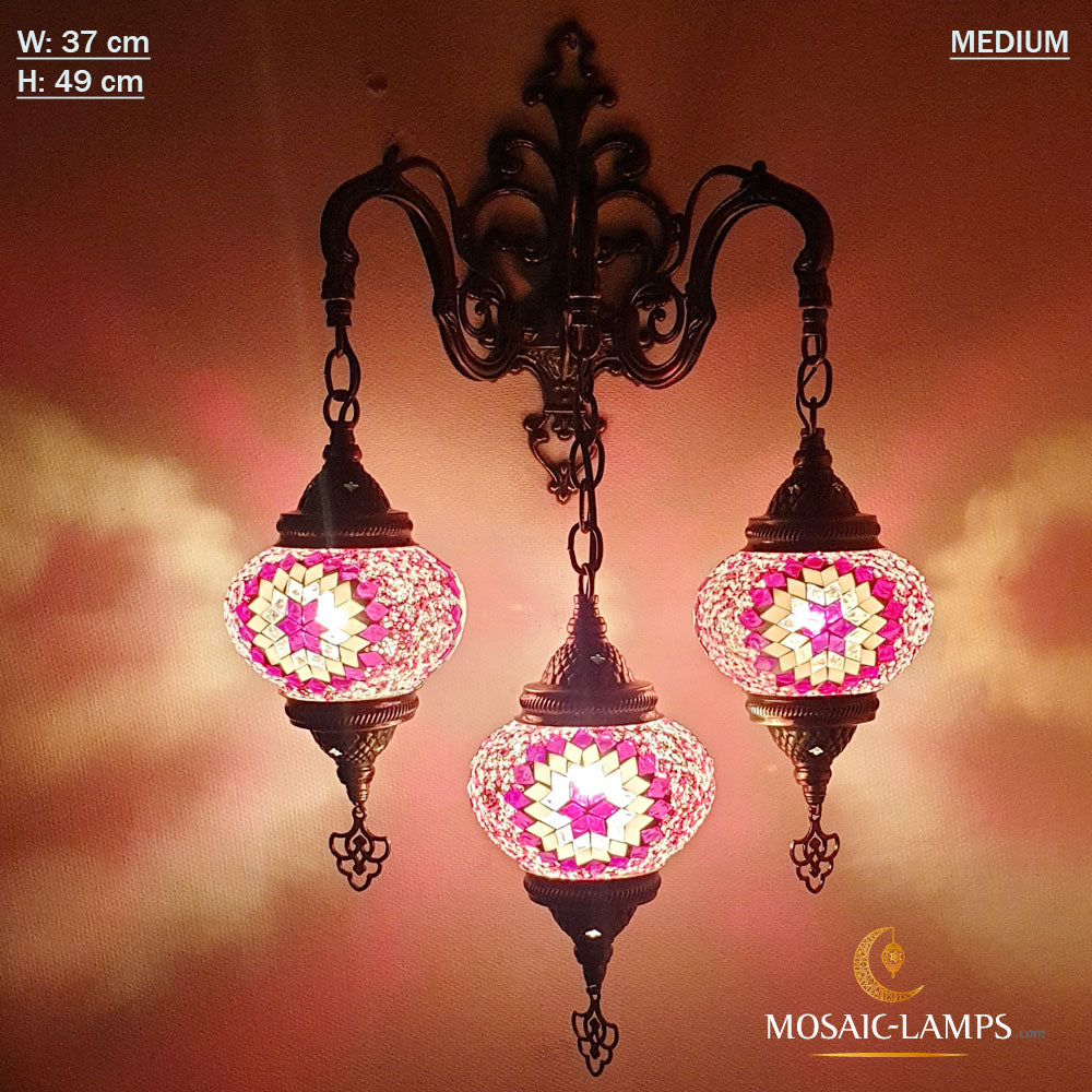 3 Medium Globe Wall Sconce, Turkish Mosaic, Moroccan Triple Wall Lamp,